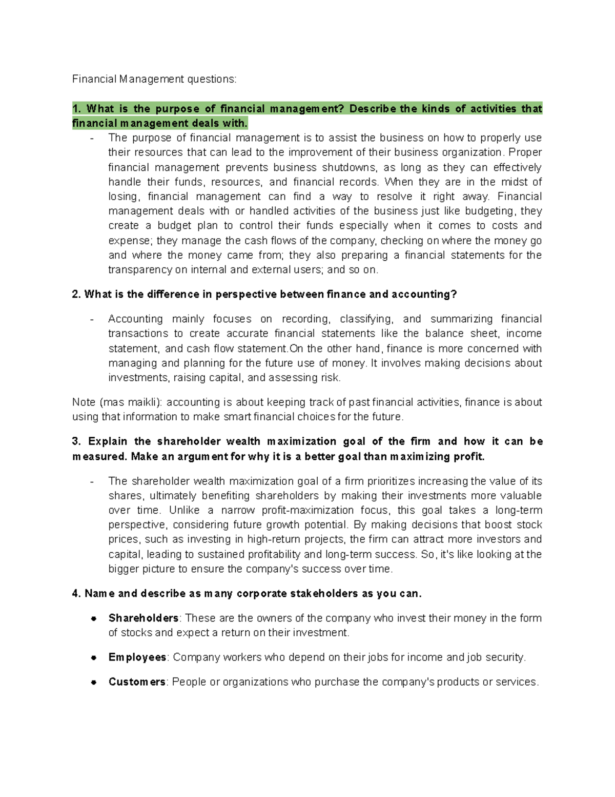 Guide questions - Financial Management questions: What is the purpose ...