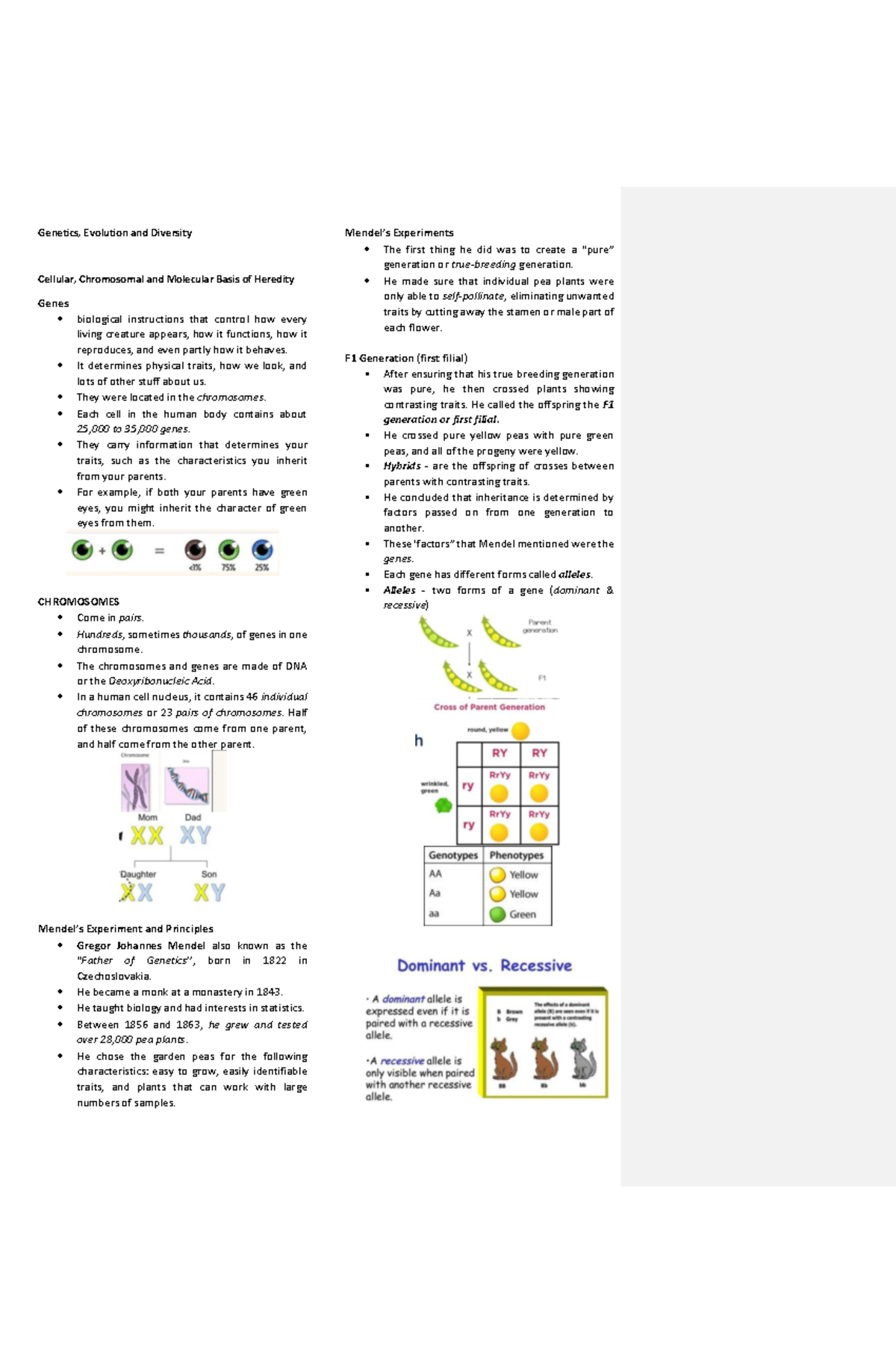 BIO SCI Reviewer ( Final EXAM) - Genetics, Evolution and Diversity Cellular, Chromosomal and ...
