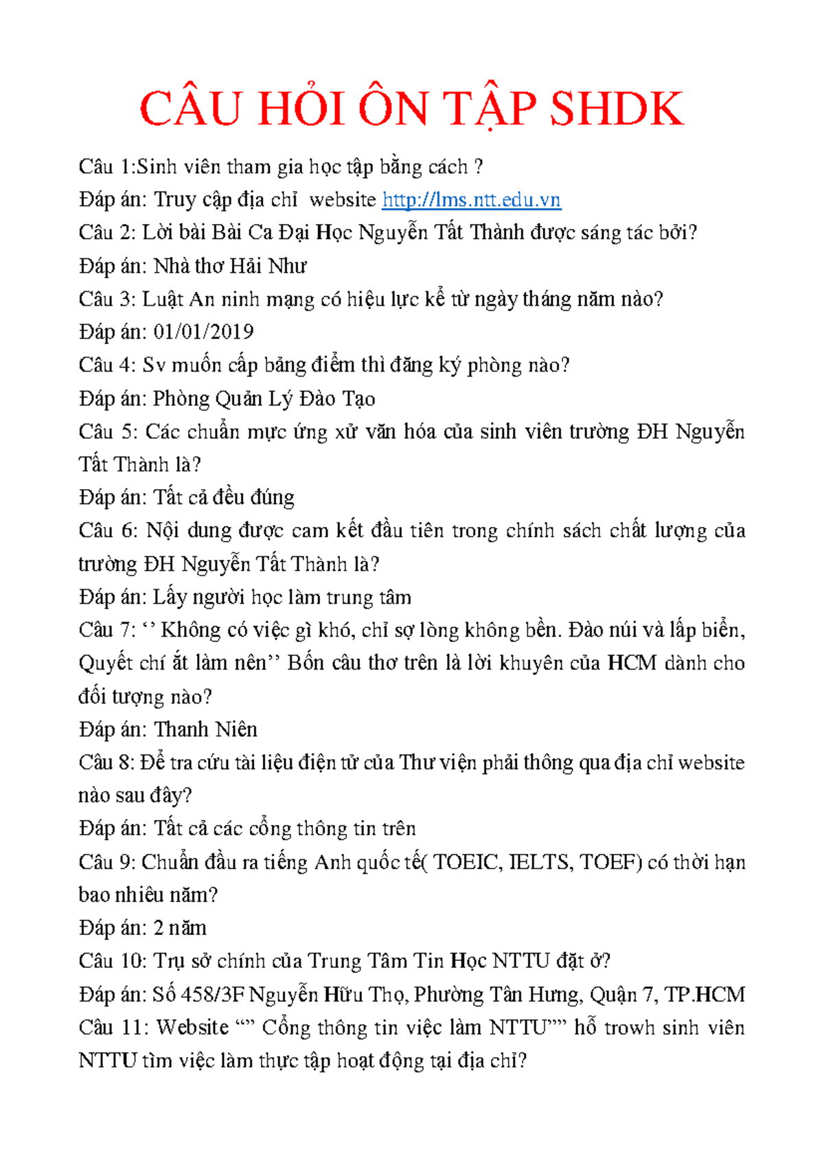 Shdk - CÂU HỎI ÔN TẬP SHDK Câu 1:Sinh viên tham gia học tập bằng cách ...