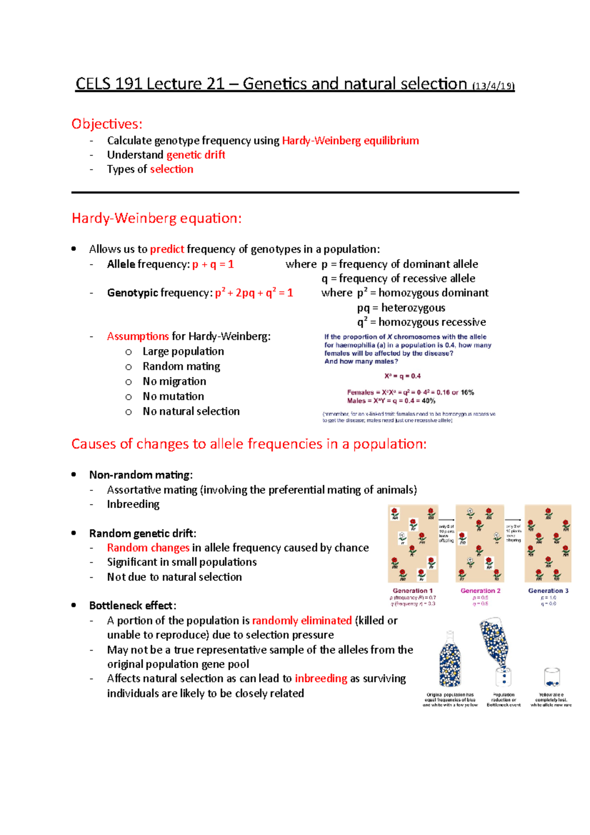 CELS 191 Lecture 21 - CELS 191 Lecture 21 – Genetics and natural selection (13/4/19) Objectives ...