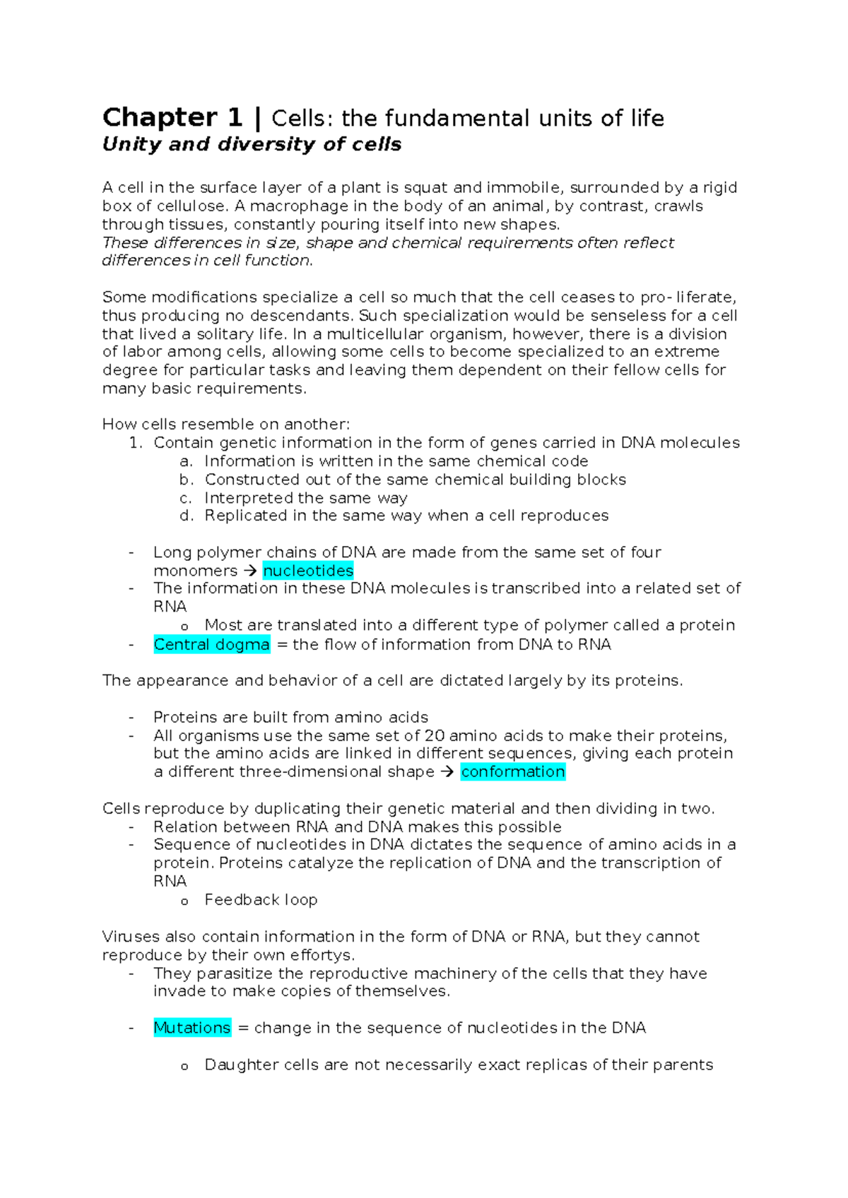 cell biology samenvatting - Chapter 1 | Cells: the fundamental units of ...