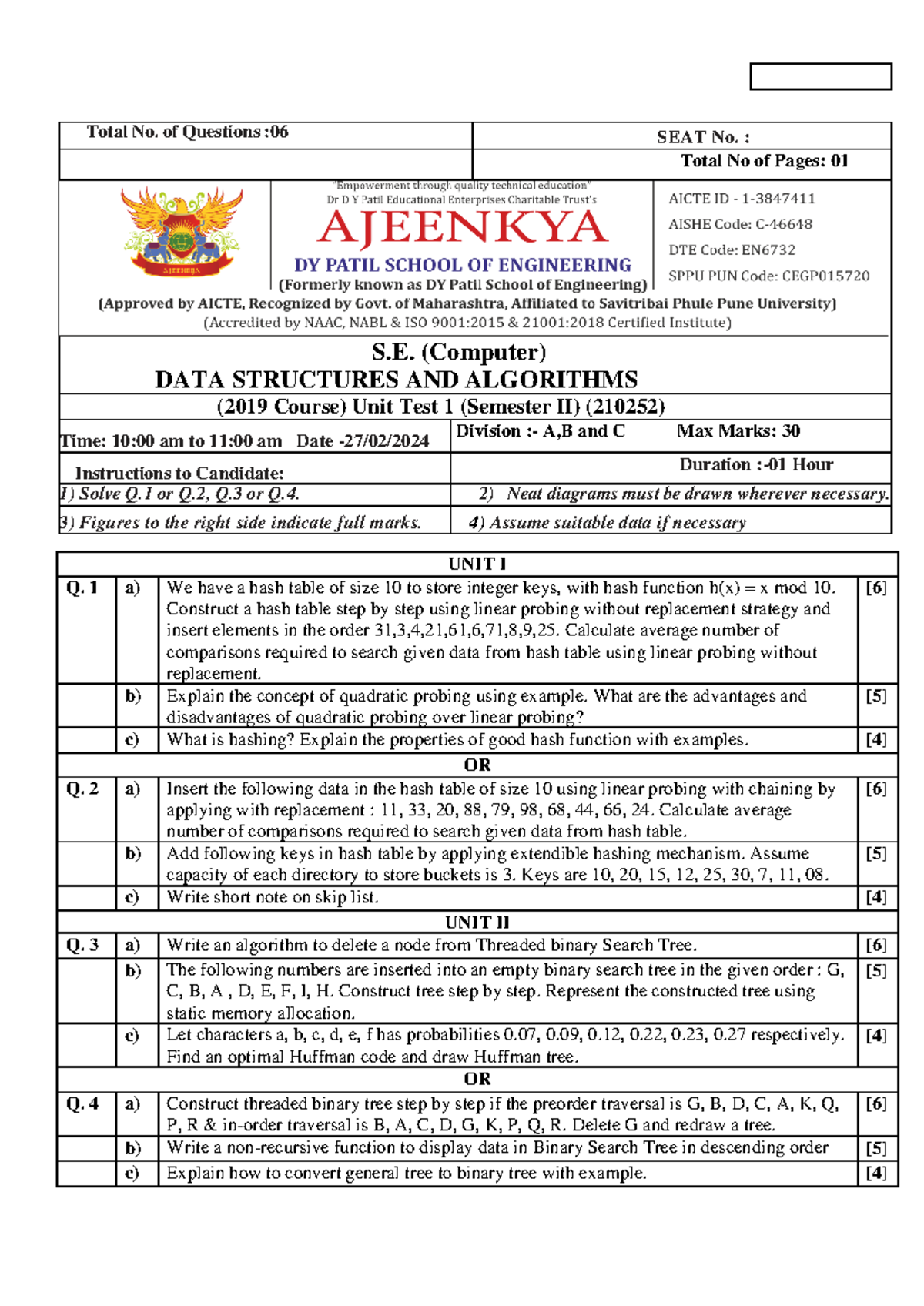 Final Unit Test-1 paper DSA - Total No. of Questions :06 SEAT No ...