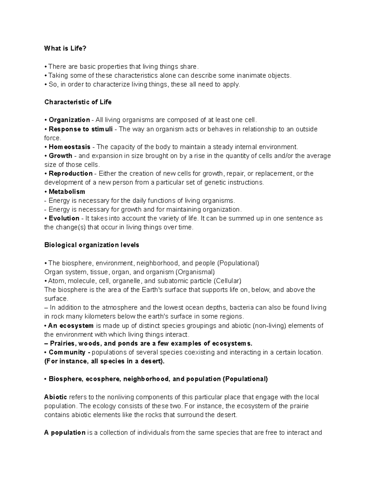 BIO101 Cells Notes - What is Life? There are basic properties that ...
