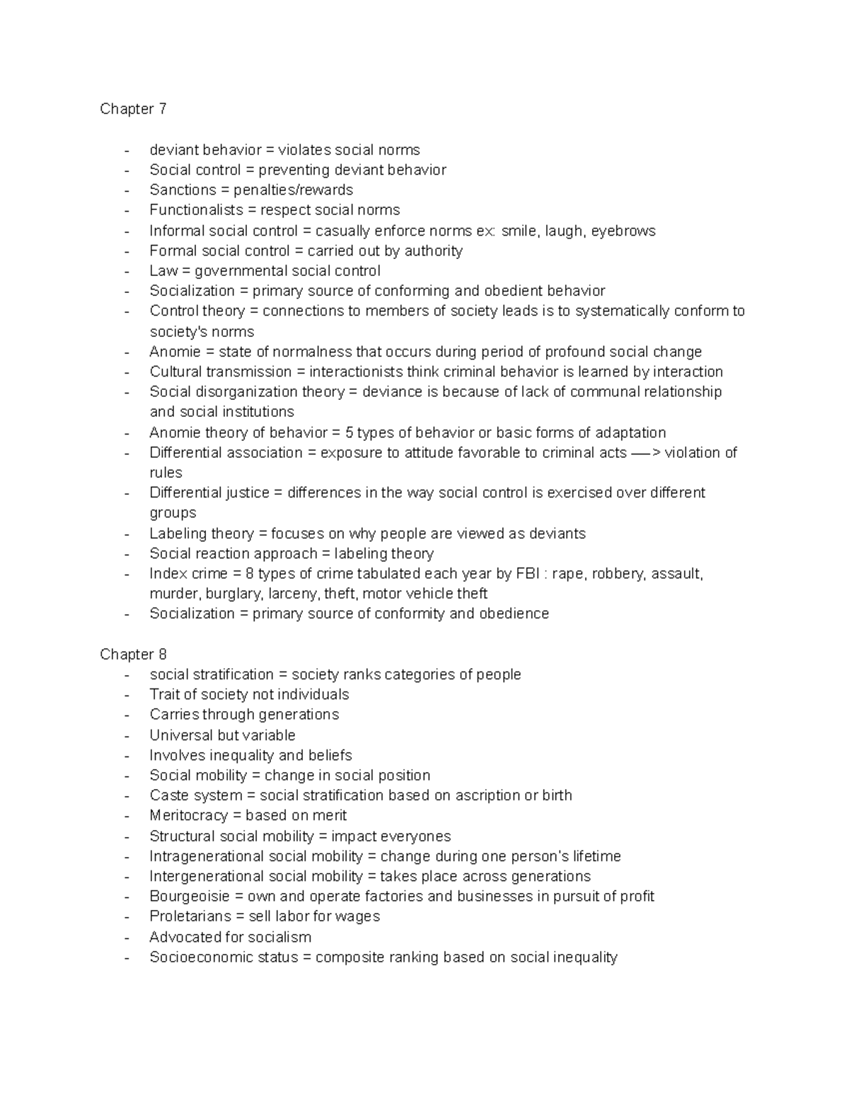 Sociology chapter 7 and 8 notes - Chapter 7 deviant behavior = violates ...