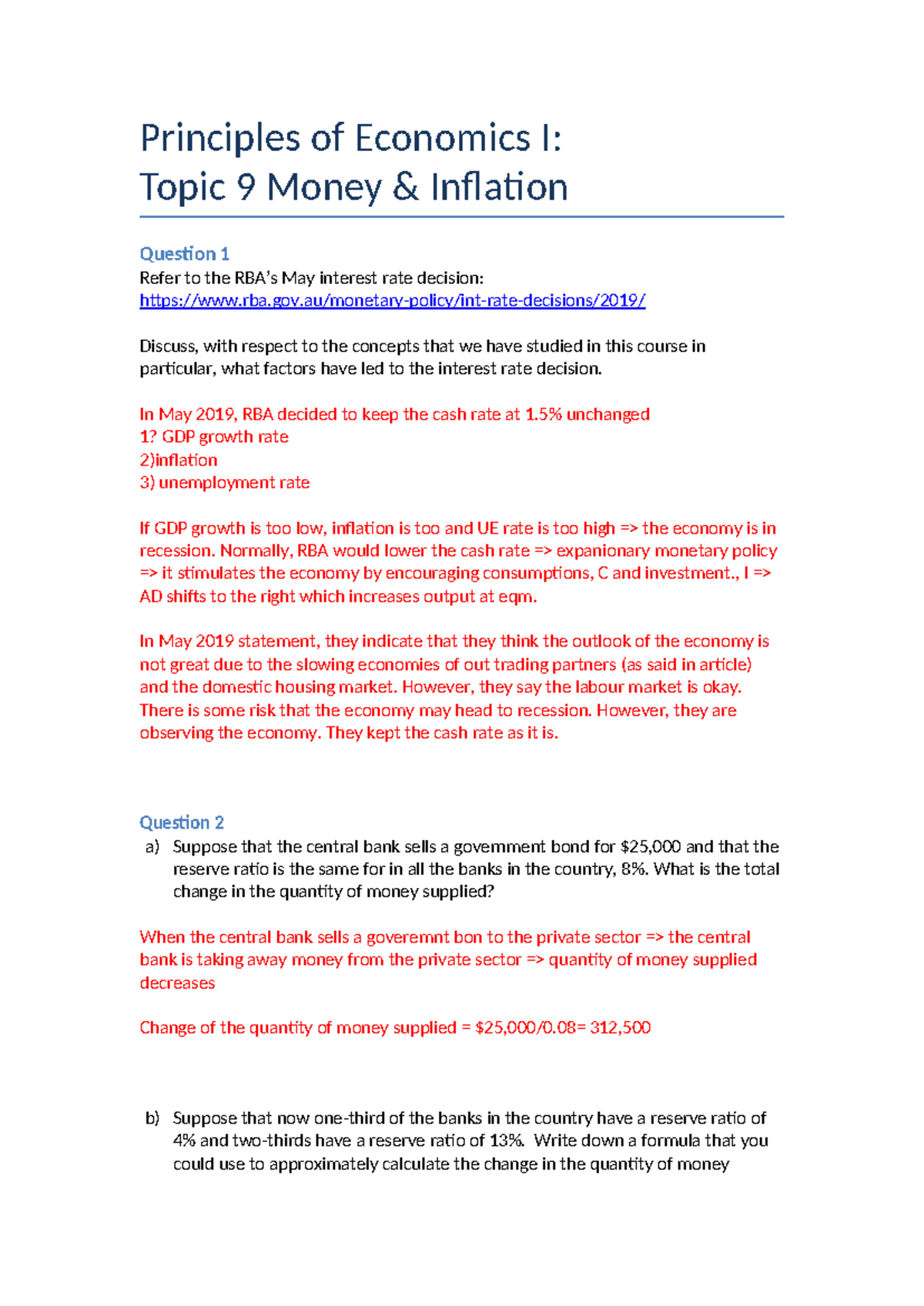 Topic 9- Tutorial Questions and Answers - Principles of Economics I: Topic 9 Money & Inflation ...