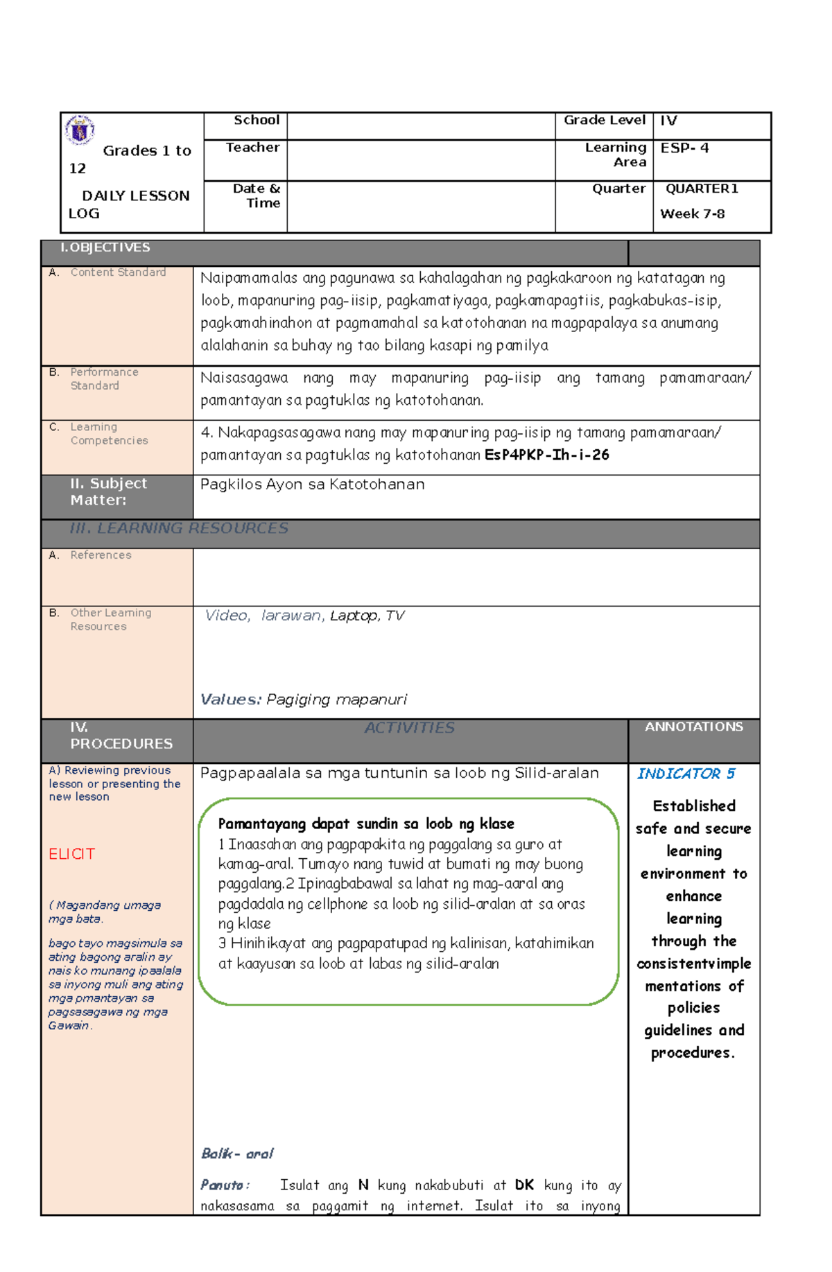 COT ESP WEEK 7-8 Q 1 - COT - Grades 1 to 12 DAILY LESSON LOG School ...