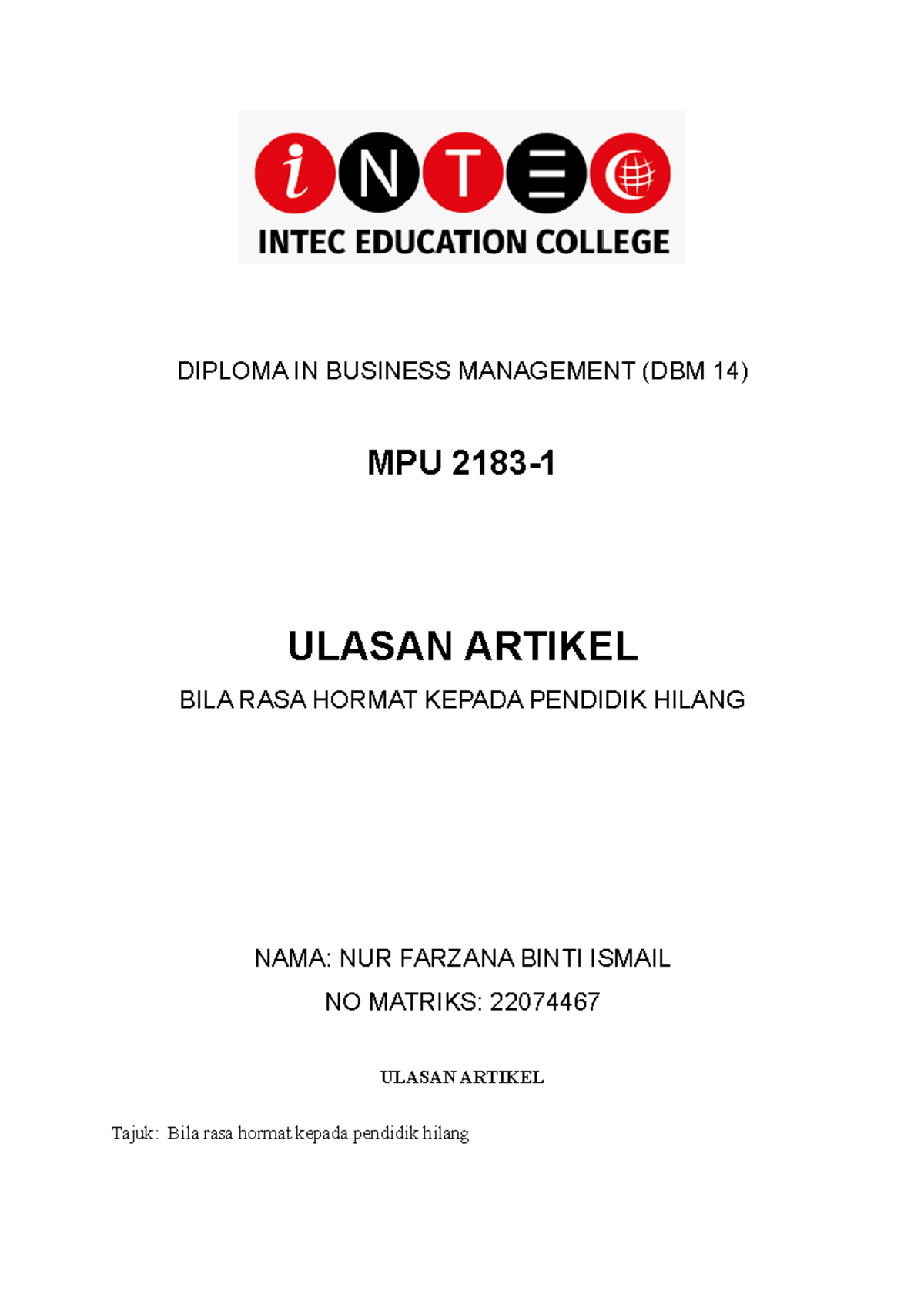 Ulasan Artikel - DIPLOMA IN BUSINESS MANAGEMENT (DBM 14) MPU 2183- ULASAN ARTIKEL BILA RASA ...