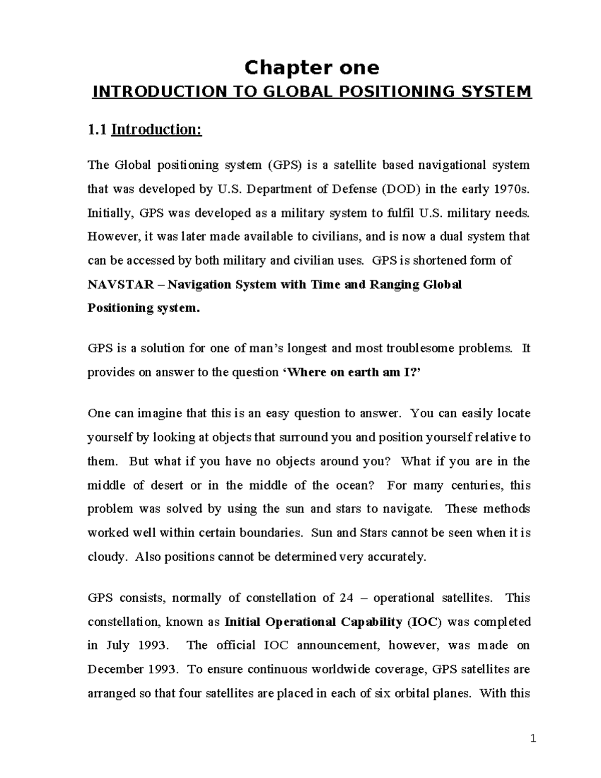 Unit-1 Introduction to GPS - Chapter one INTRODUCTION TO GLOBAL POSITIONING SYSTEM 1 ...