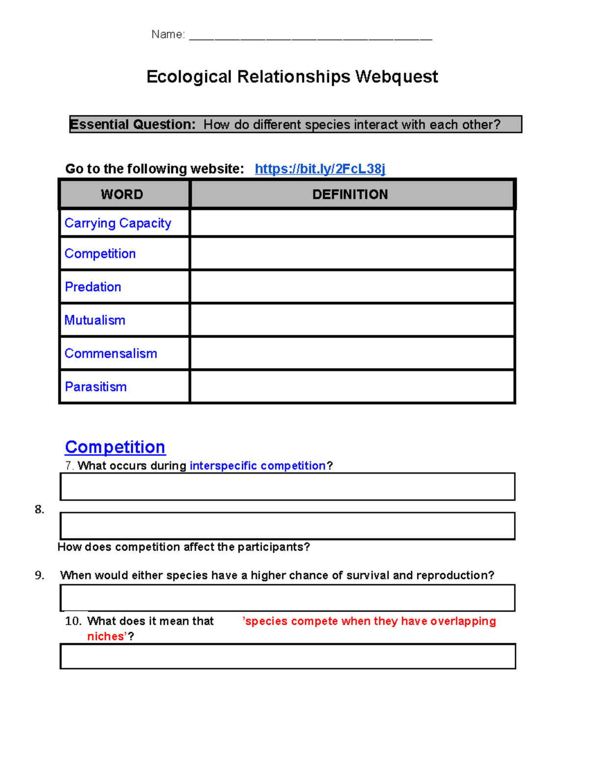 Ecological Relationships Web Quest - Name ...
