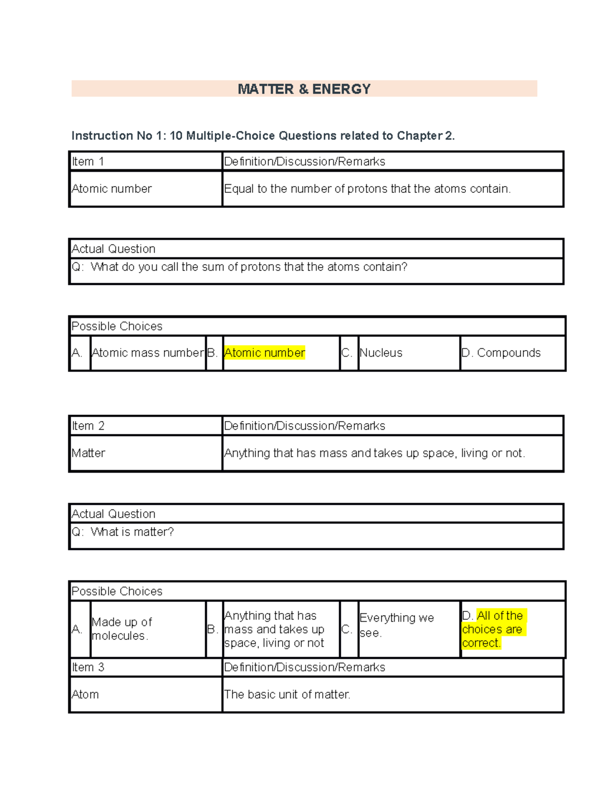 Matter and Energy answers - MATTER & ENERGY Instruction No 1: 10 ...