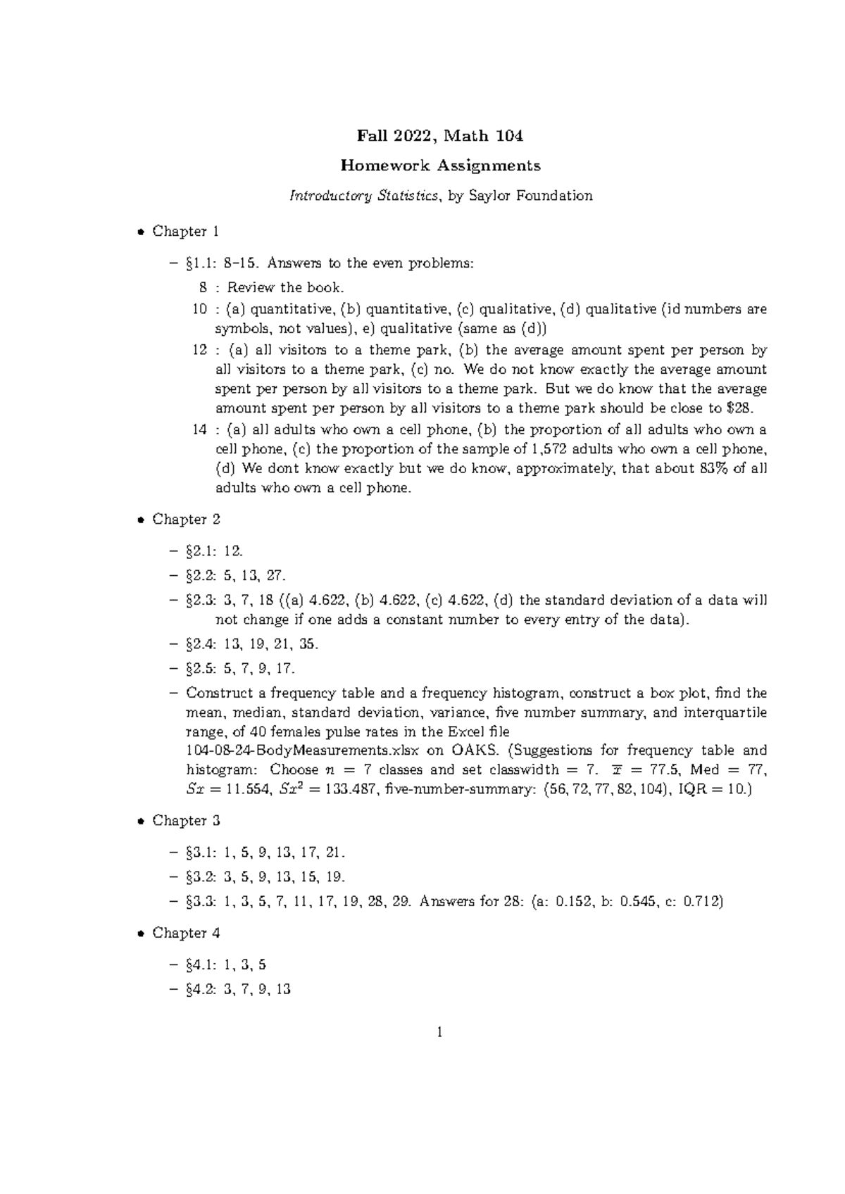 104homework - Fall 2022, Math 104 Homework Assignments Introductory Statistics, by Saylor ...