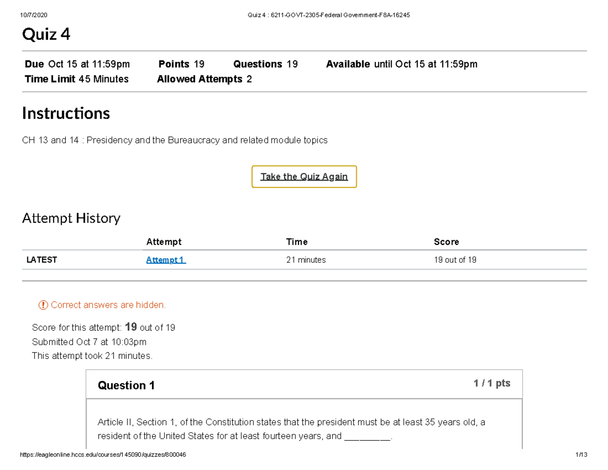 Quiz 4 6211-GOVT-2305-Federal Government-F8A-16245 - Quiz 4 Due Oct 15 ...
