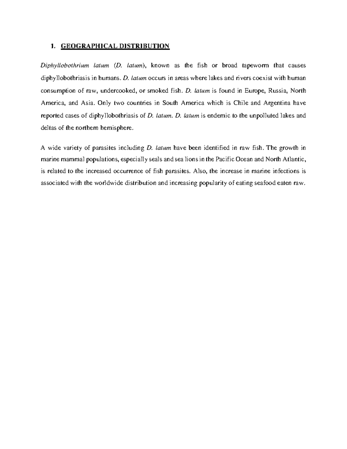Assignment BIO564 Diphyllobothrium latum Geographical Distrubution - 1. GEOGRAPHICAL ...