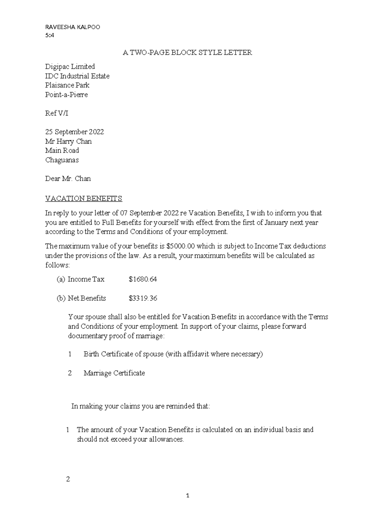 A TWO PAGE Block Style Letter - RAVEESHA KALPOO 5: A TWO-PAGE BLOCK ...