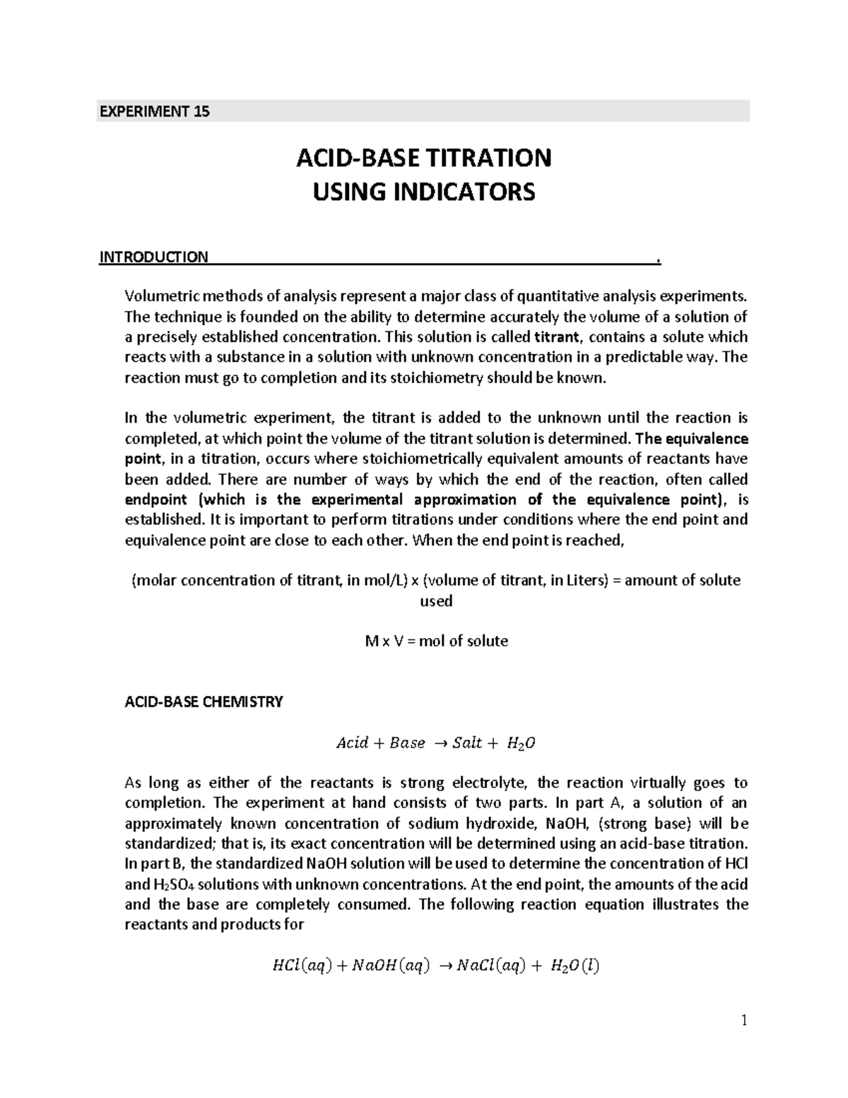 Lab 7 report - EXPERIMENT 15 ACID-BASE TITRATION USING INDICATORS ...