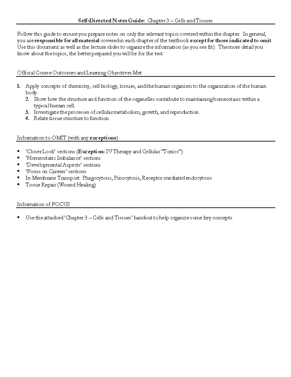 Self-Directed Notes Guide (Chapter 3 - Cells and Tissues) - Self ...