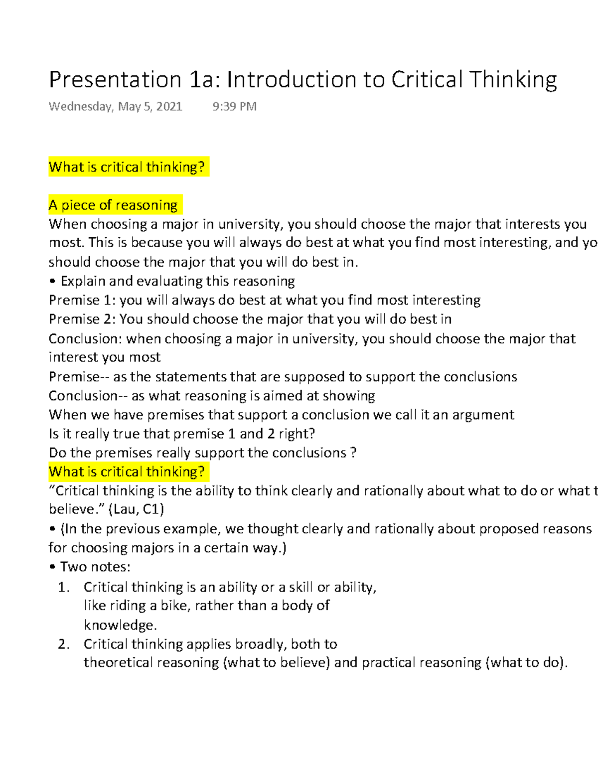 Presentation 1a Introduction to Critical Thinking - What is critical ...