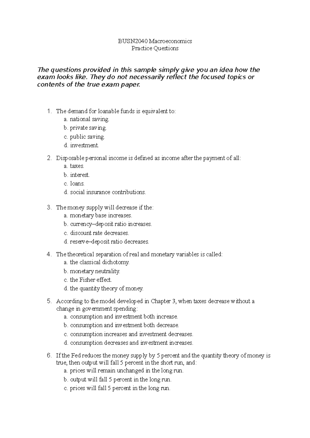 Practice Quiz - BUSN2040 Macroeconomics Practice Questions The ...