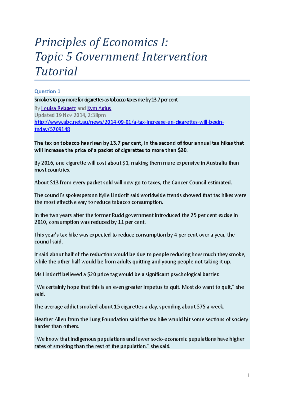 Topic 5 - Tutorial 5 questions - Principles of Economics I: Topic 5 ...