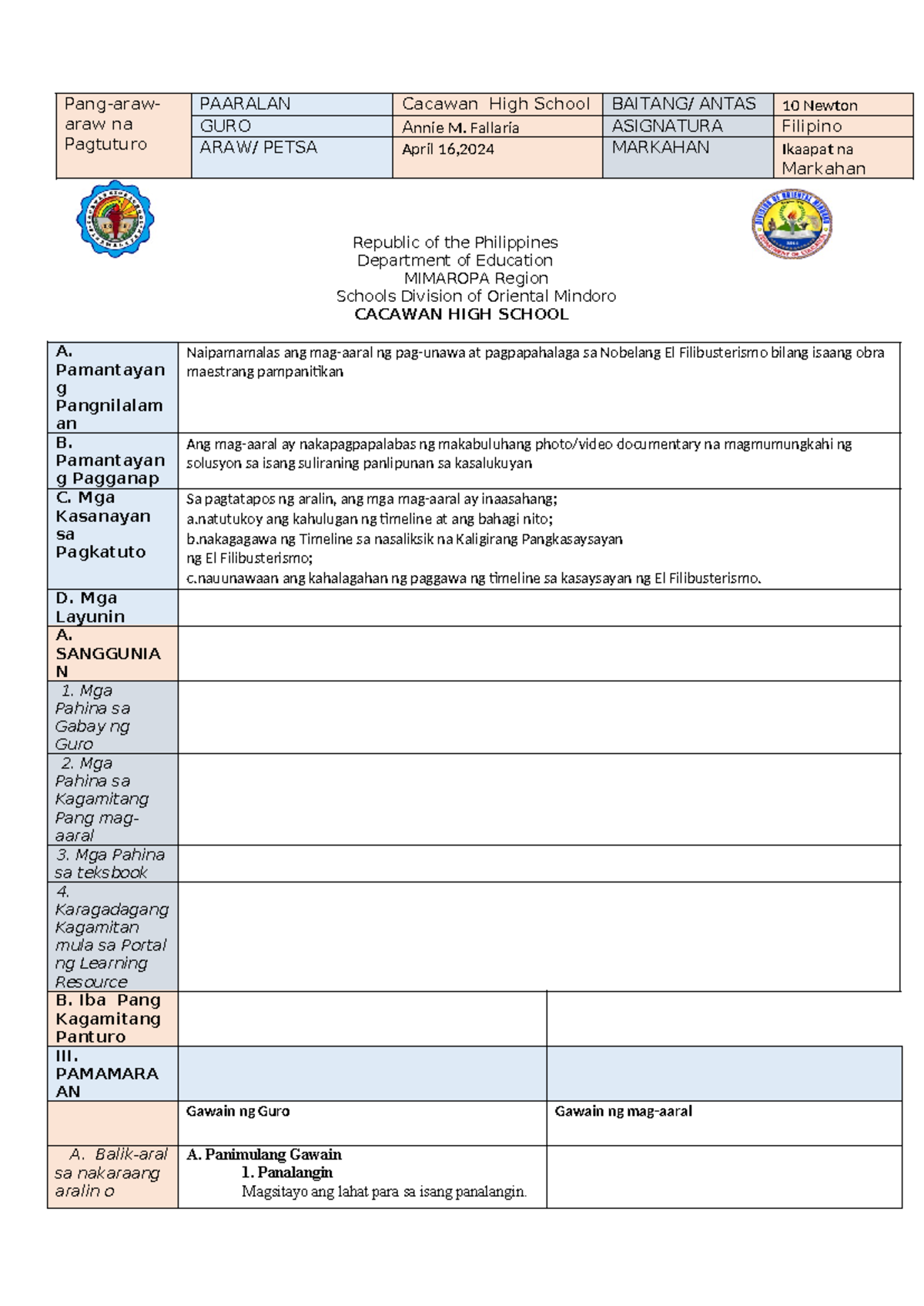 G10m2day2 - Lesson Plan - Pang-araw- araw na Pagtuturo PAARALAN Cacawan ...
