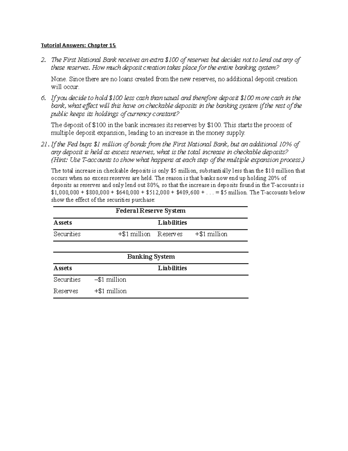 Tutorial Answers (Chapter 15) - Tutorial Answers: Chapter 15 2. The First National Bank receives ...