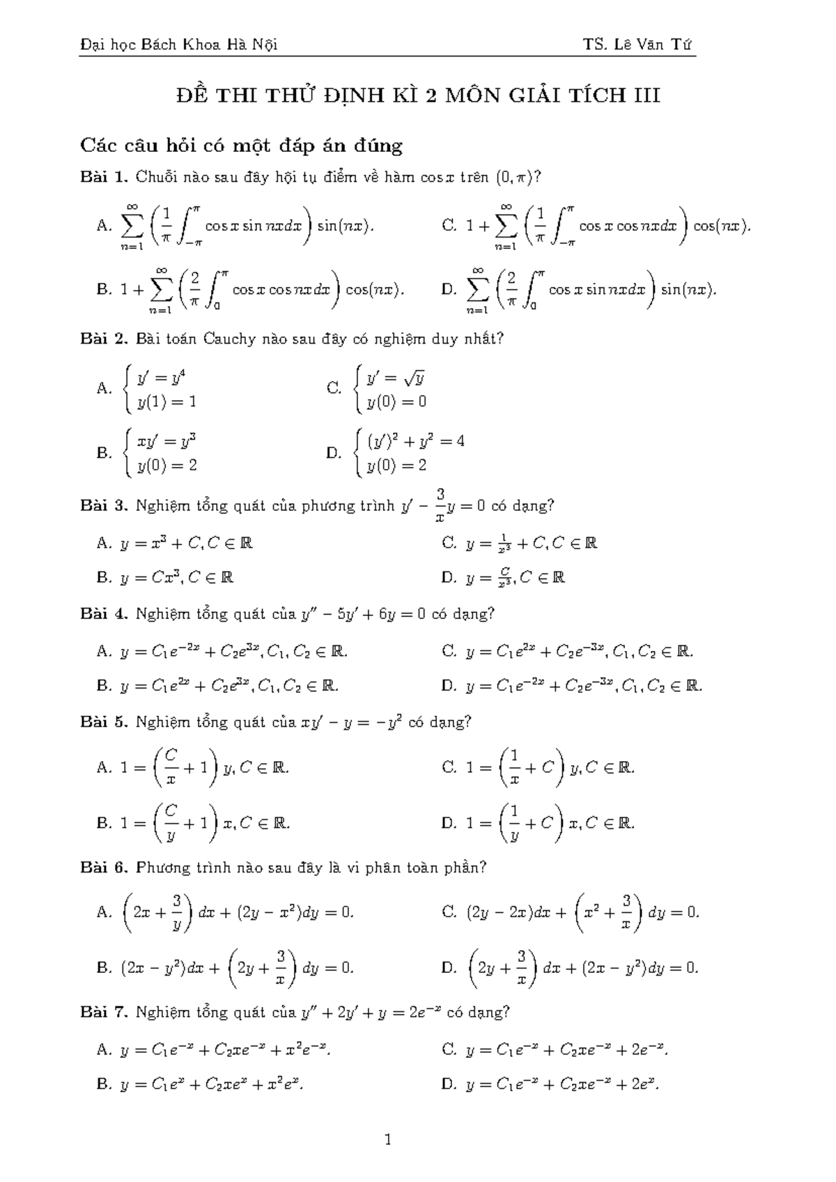 Thi Thử Dk2 - 124 - §i hÂc Bách Khoa Hà NÎi TS. Lê V ́n T ̆ ó THI TH€ ¿NH KÌ 2 MÔN GIÉI TÍCH III ...