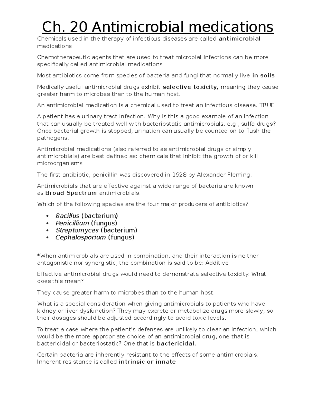 Ch 20 notes Micro - Ch. 20 Antimicrobial medications Chemicals used in ...