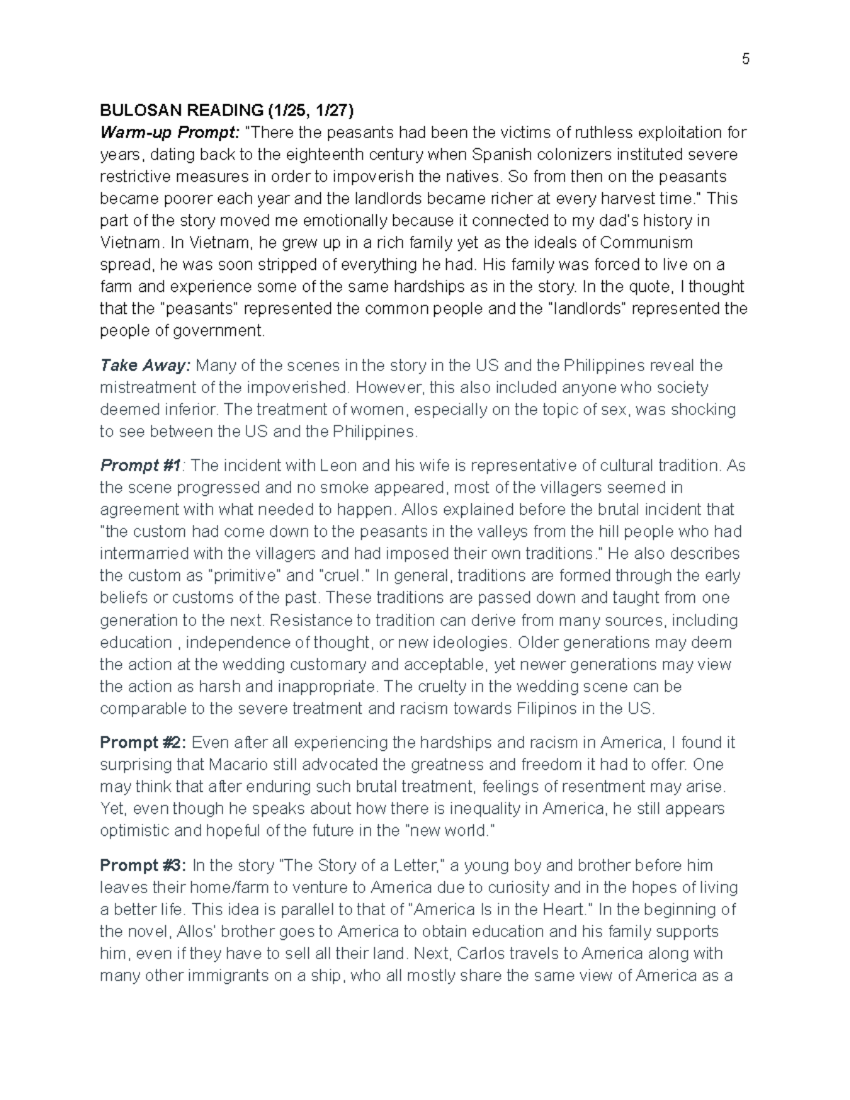 Journal Entry AAS 401 - 5 BULOSAN READING (1/25, 1/27) Warm-up Prompt ...