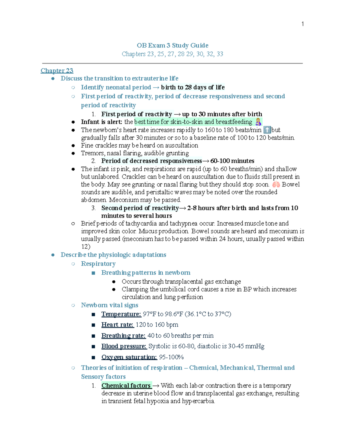 OB Exam 3 Study Guide - Exam 3 - OB Exam 3 Study Guide Chapters 23, 25 ...