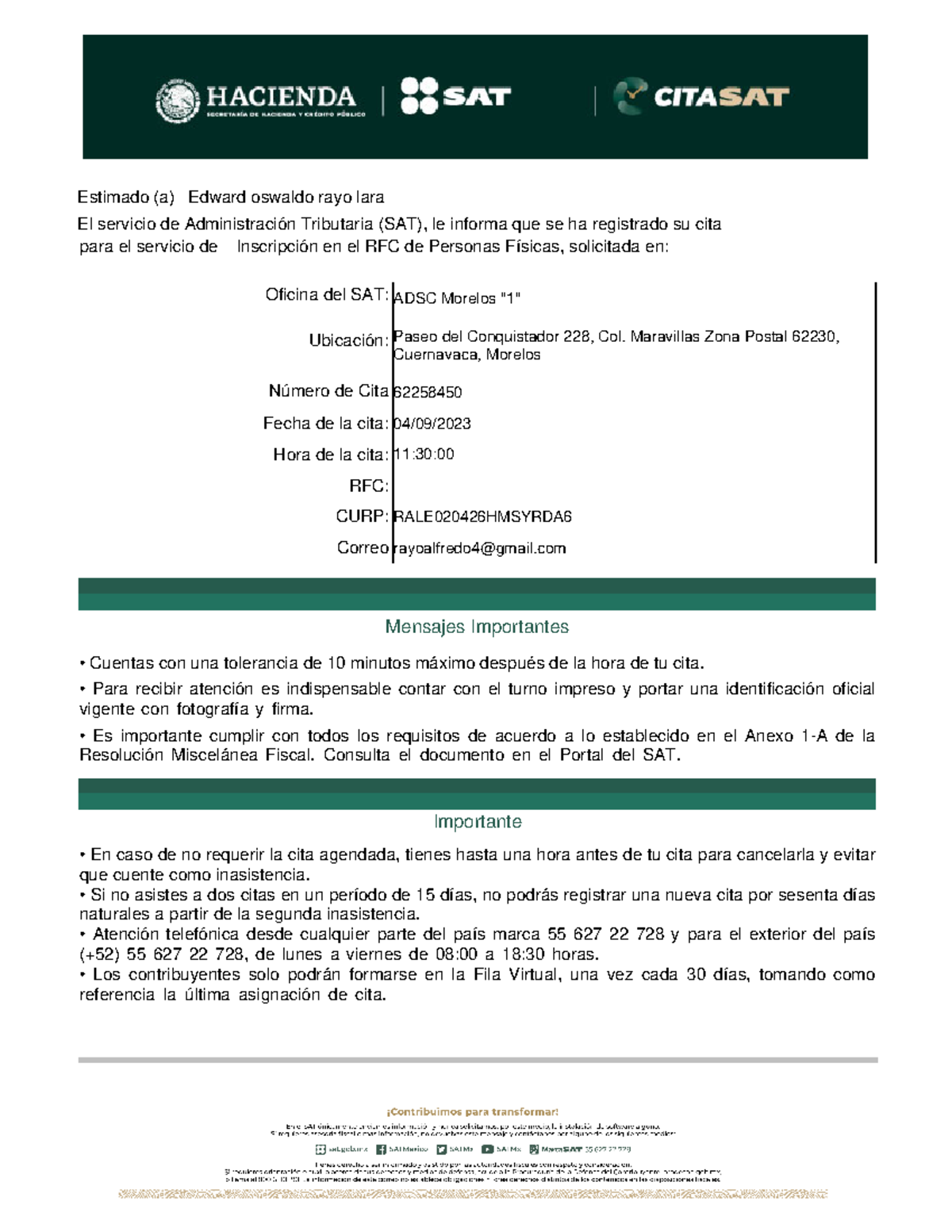 Acuse Cita - En este documento WORD podrás generar tu RFC, seguir los ...