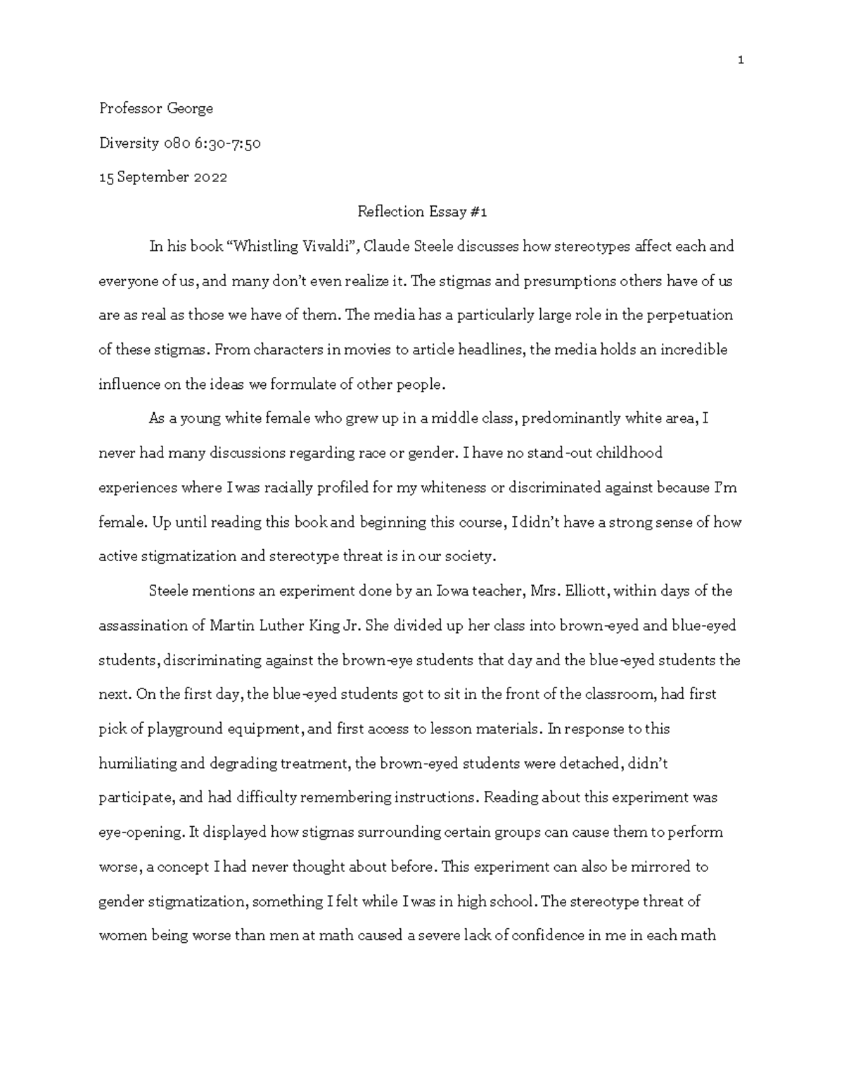 Reflective essay 1 draft - Professor George Diversity 080 6:30-7: 15 ...