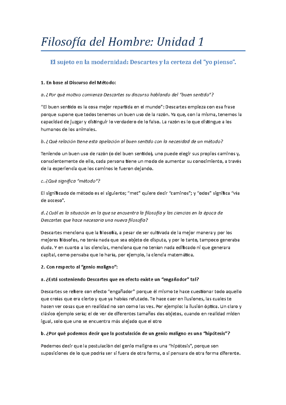 TP Descartes - Discurso del método - Filosofía del Hombre: Unidad 1 El ...
