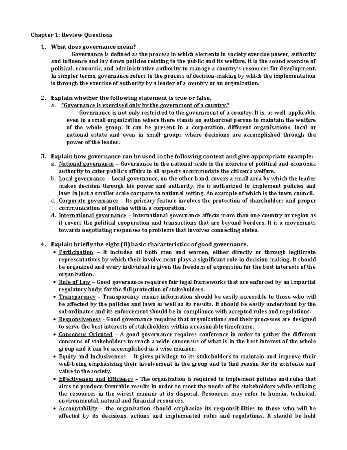 Chapter 1 2 review questions pdf - Chapter 1: Review Questions 1. What does governance mean ...
