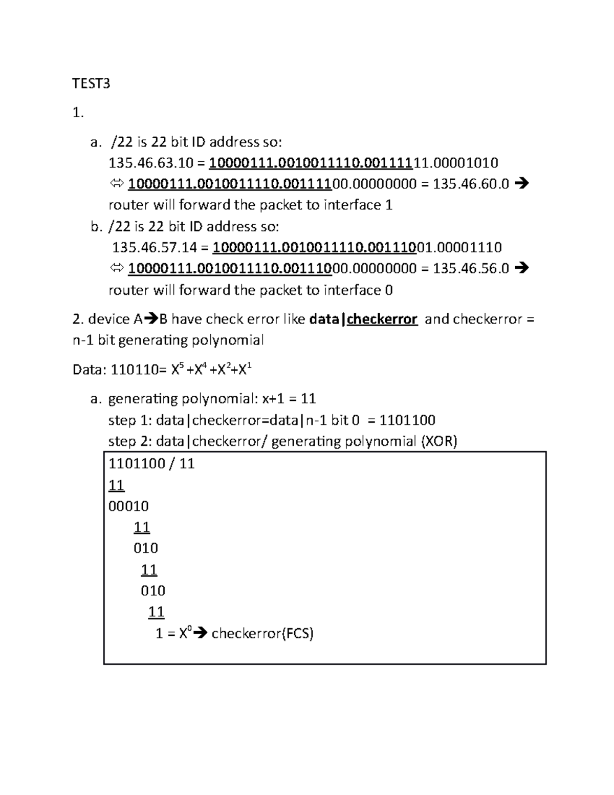 NWC203C PE HE153715 1 - abc - TEST 1. a. /22 is 22 bit ID address so ...