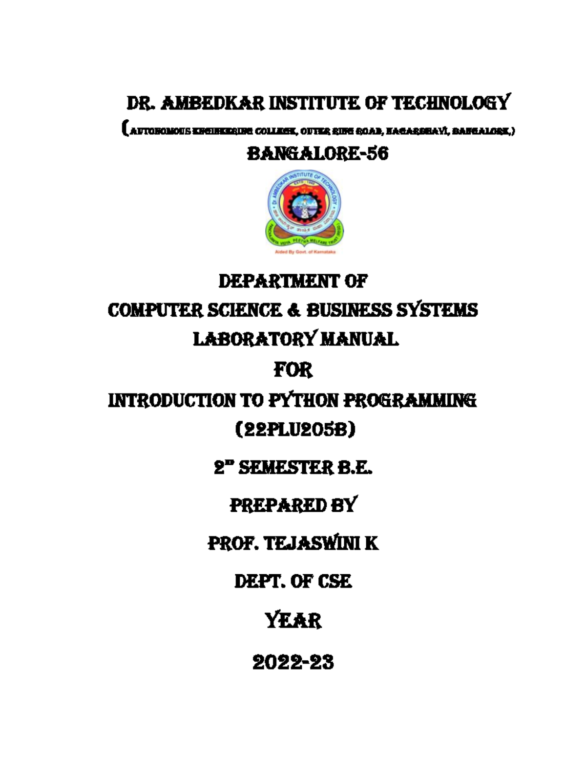 22PLU105B 205B lab manual - Department of Computer Science & Business ...