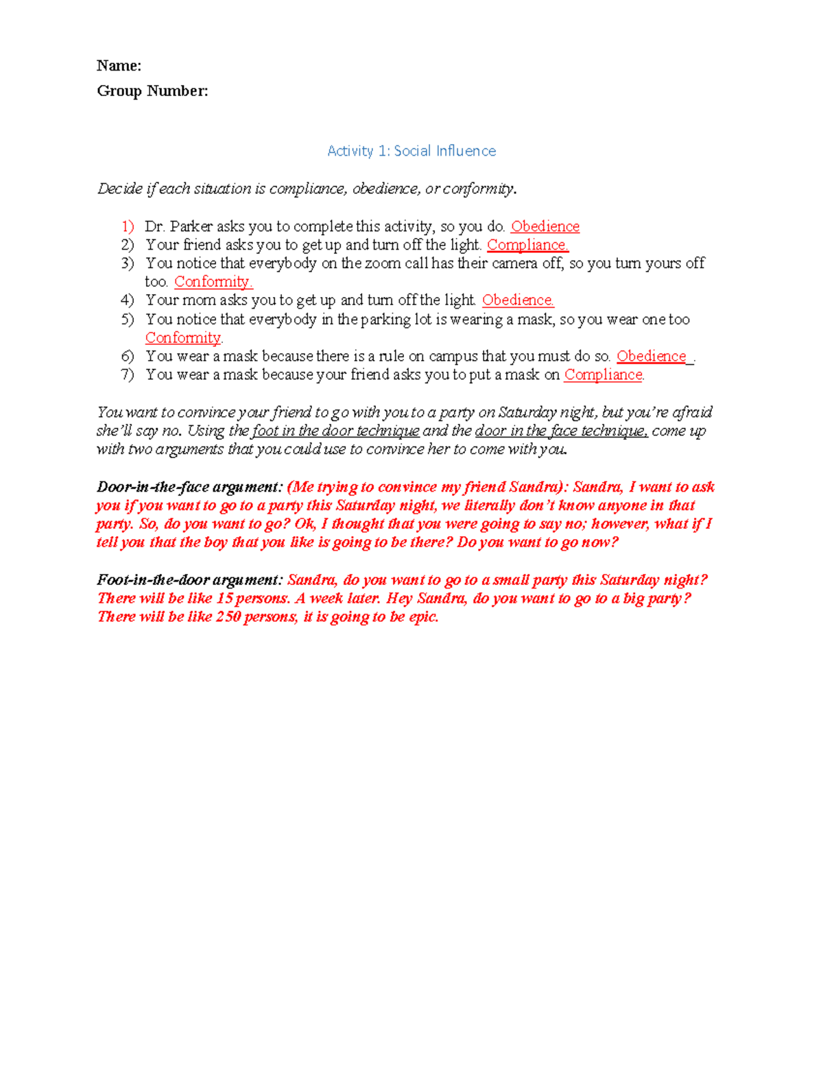 Social activities - Homework - Name: Group Number: Activity 1: Social ...