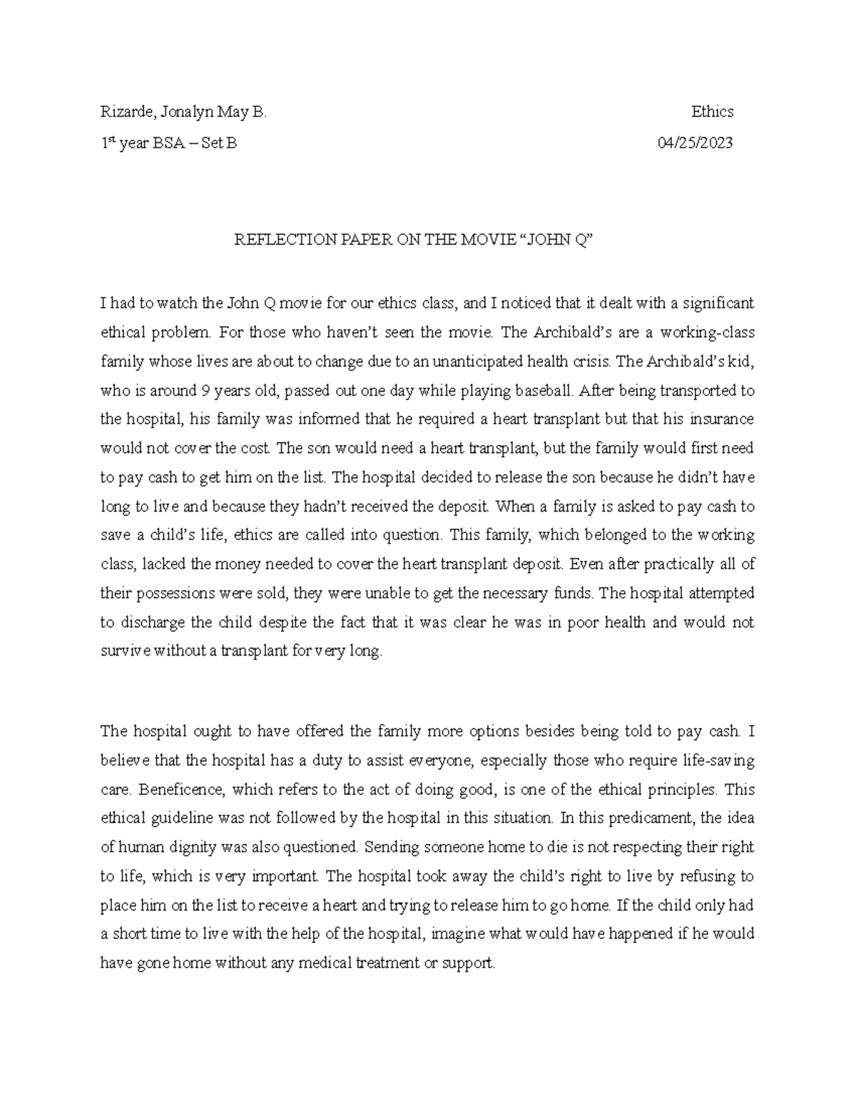 Reflection paper - hope u like it - Rizarde, Jonalyn May B. Ethics 1 st ...
