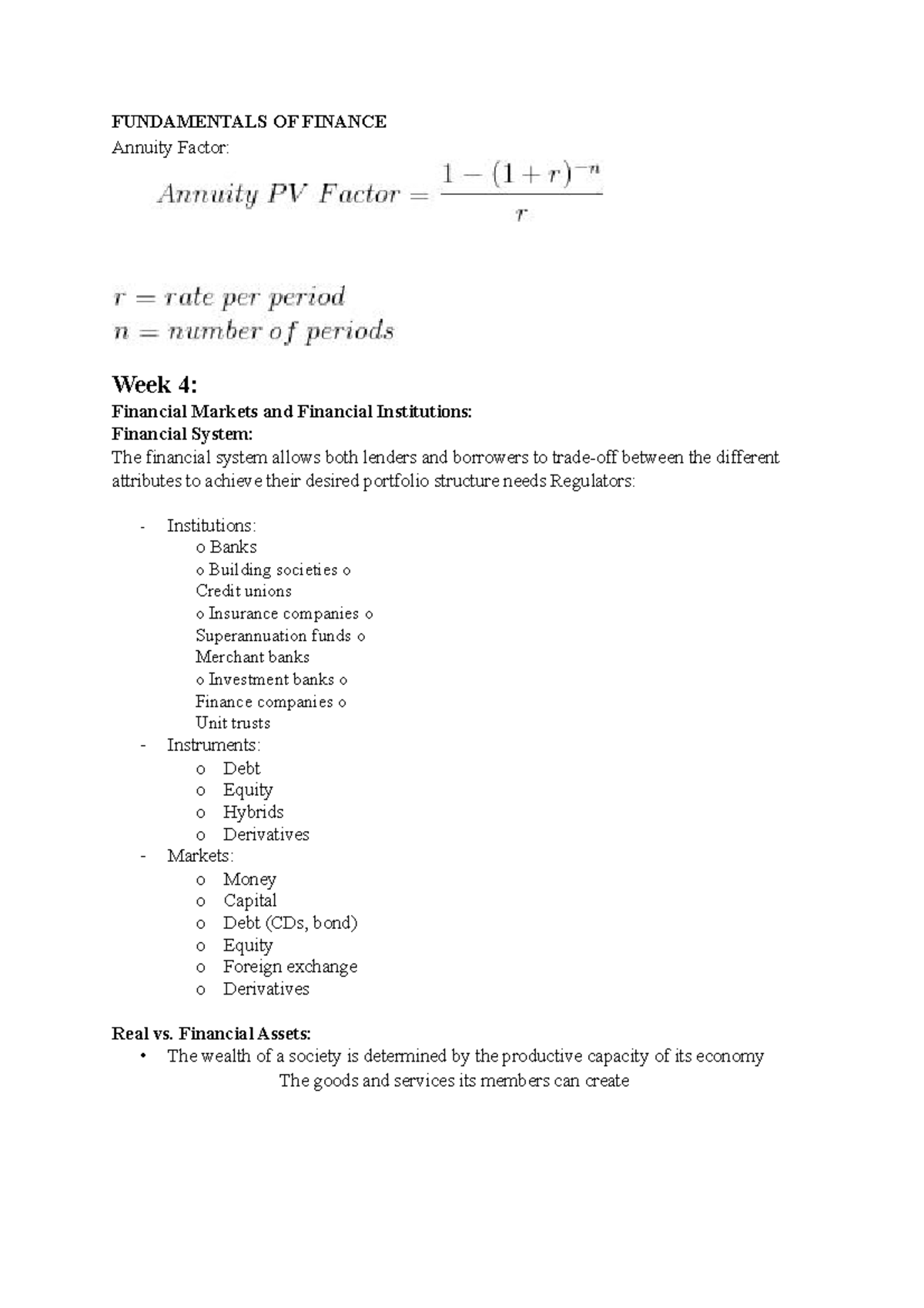 Fundamentals of Finance - FUNDAMENTALS OF FINANCE Annuity Factor: Week ...