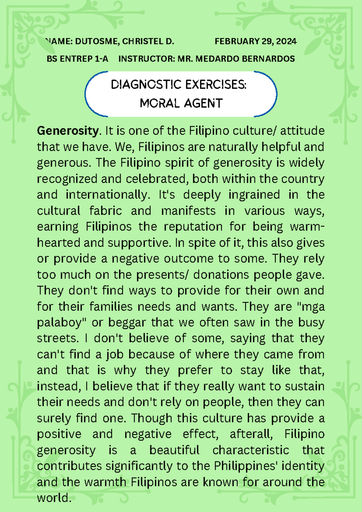 Gec-e Dianostics exercise 1 Moral Agent - Generosity. It is one of the ...