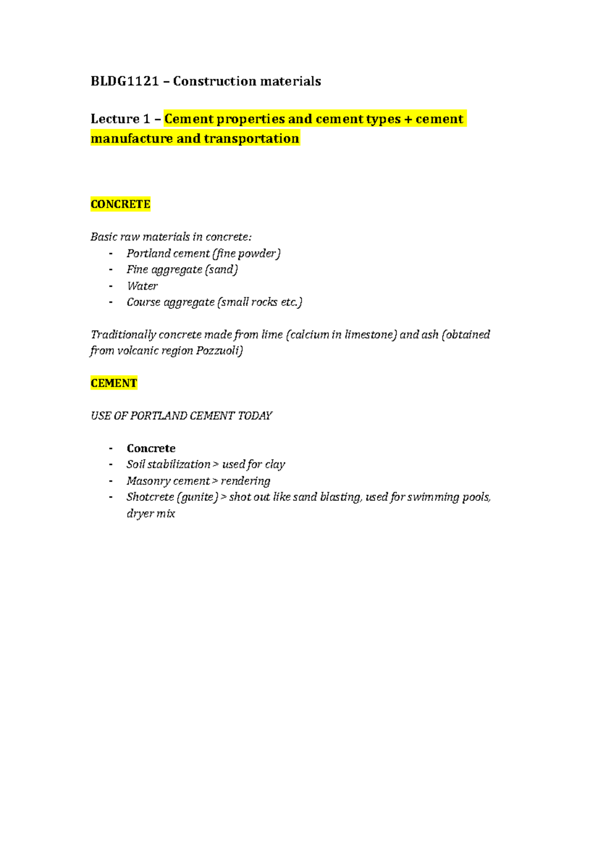 Summary - lecture All - Cement properties, cement types, cement ...