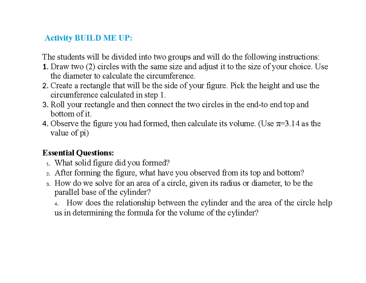 Activity Build ME UP - Activity BUILD ME UP: The students will be ...