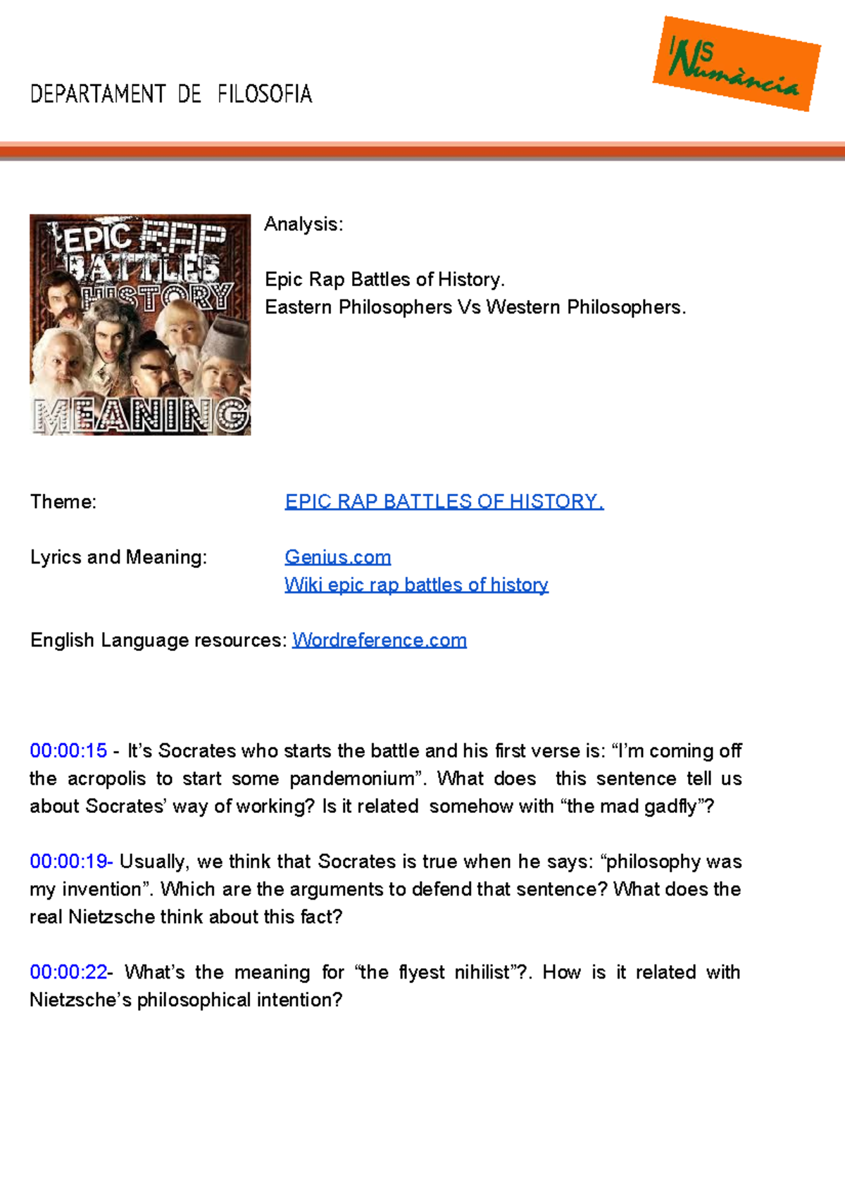 Dossiertreball Nietzsche - DEPARTAMENT DE FILOSOFIA Analysis: Epic Rap ...