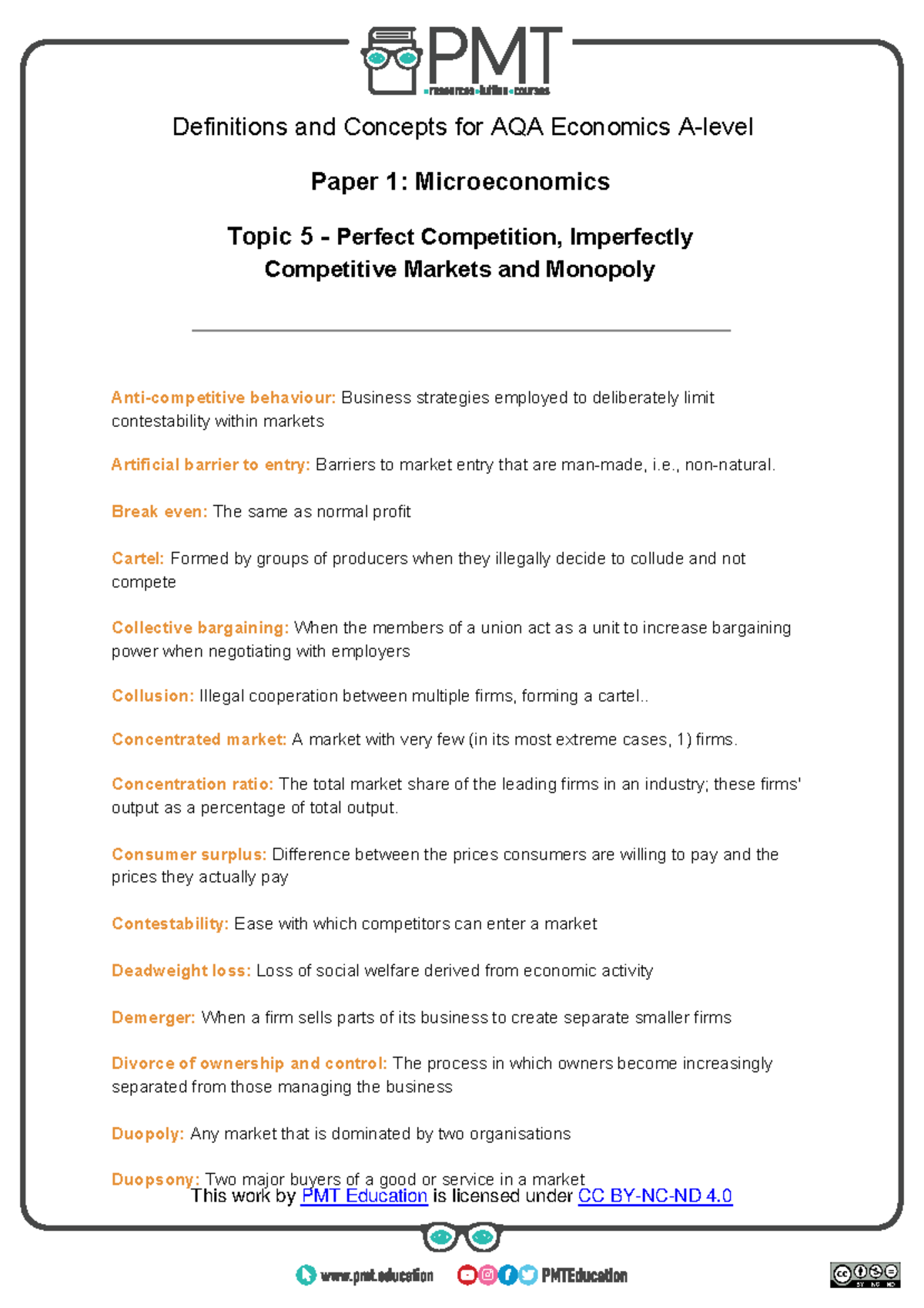 5. Perfect competition, imperfectly competitive markets and monopoly ...