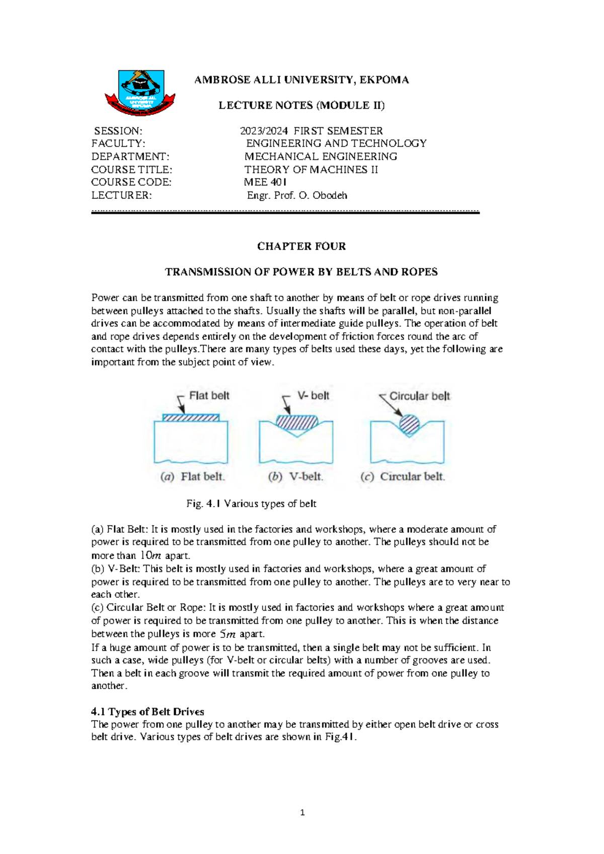 MEE 401 Module II Belt Drives - AMBROSE ALLI UNIVERSITY, EKPOMA LECTURE ...