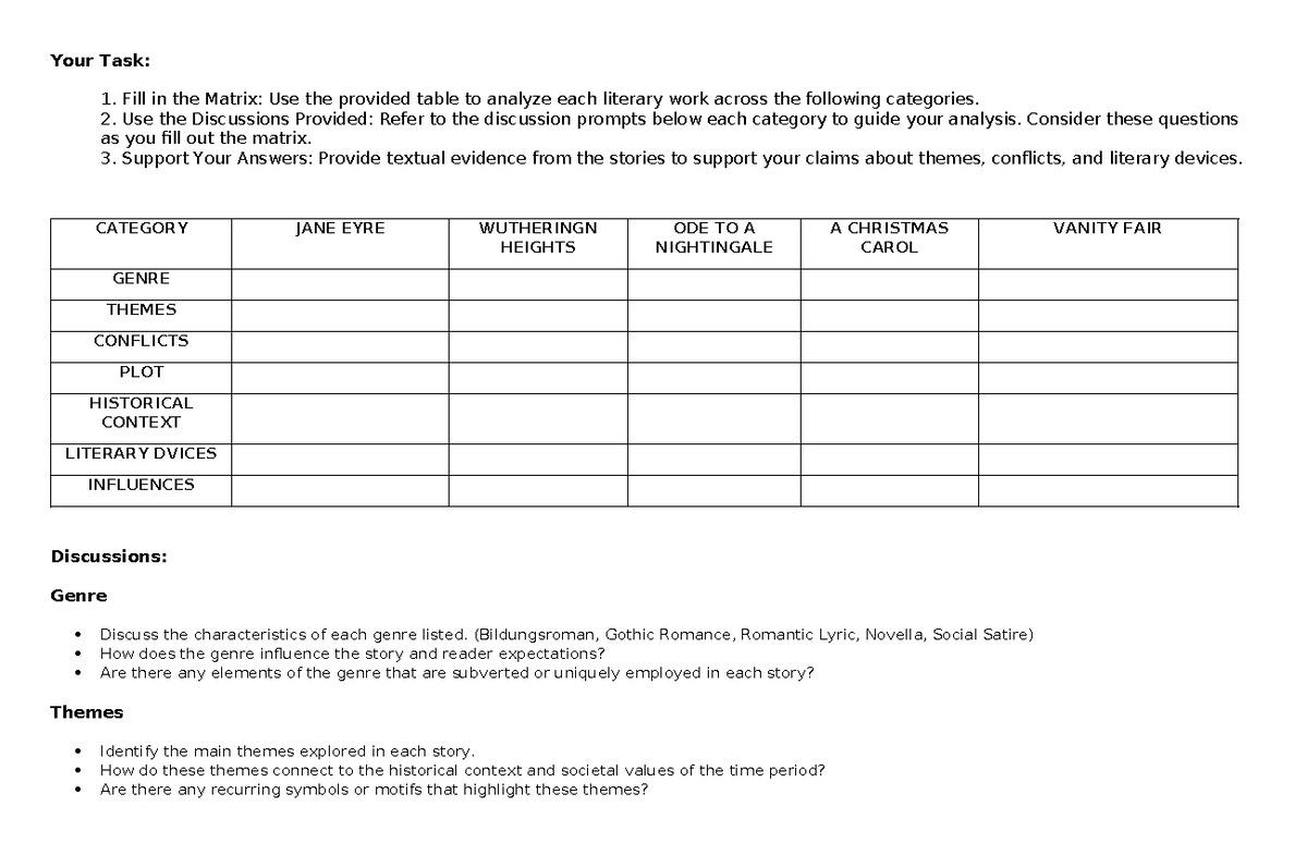 Literature - Your Task: 1. Fill in the Matrix: Use the provided table ...