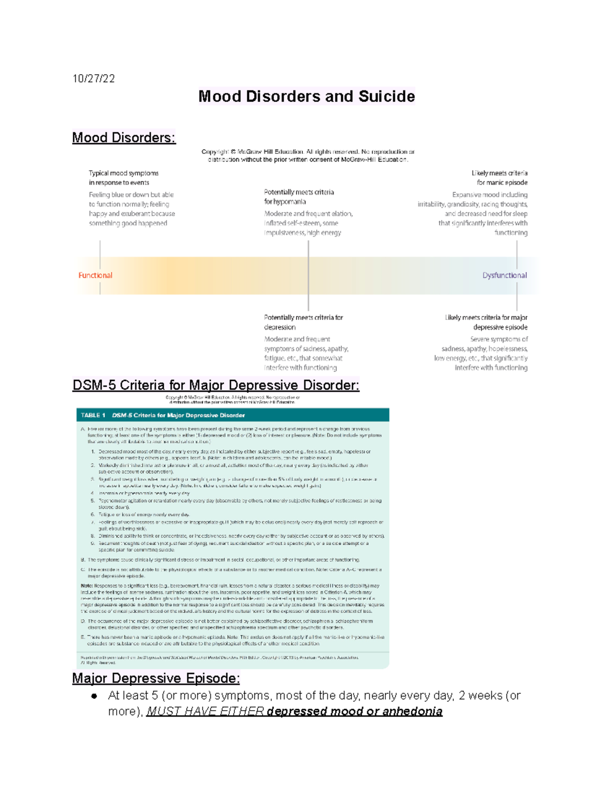 PSYC 261 Chapter 7 - Dr. D - 10/27/ Mood Disorders and Suicide Mood ...