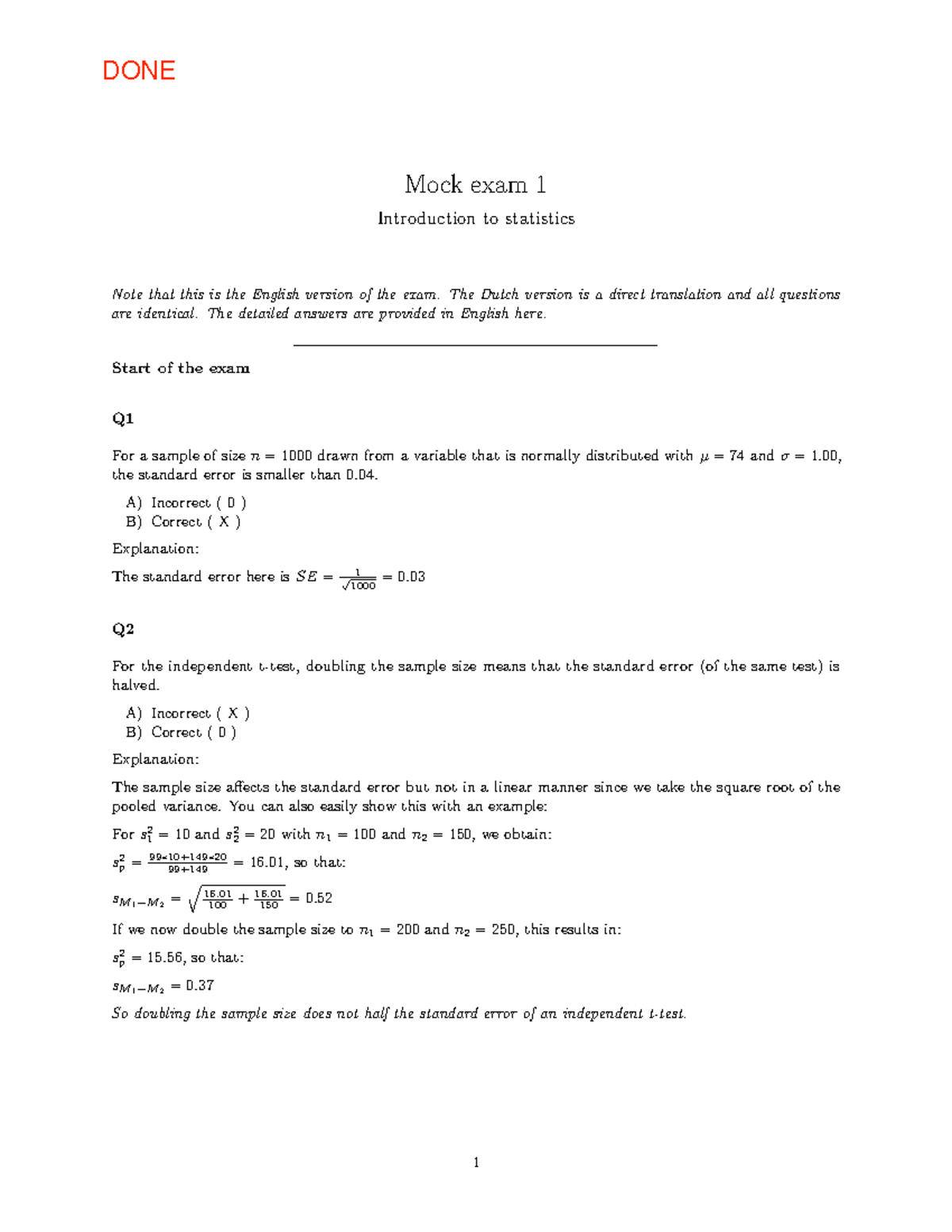 Mock exam 1 Solutions - practice exam - Mock exam 1 Introduction to ...