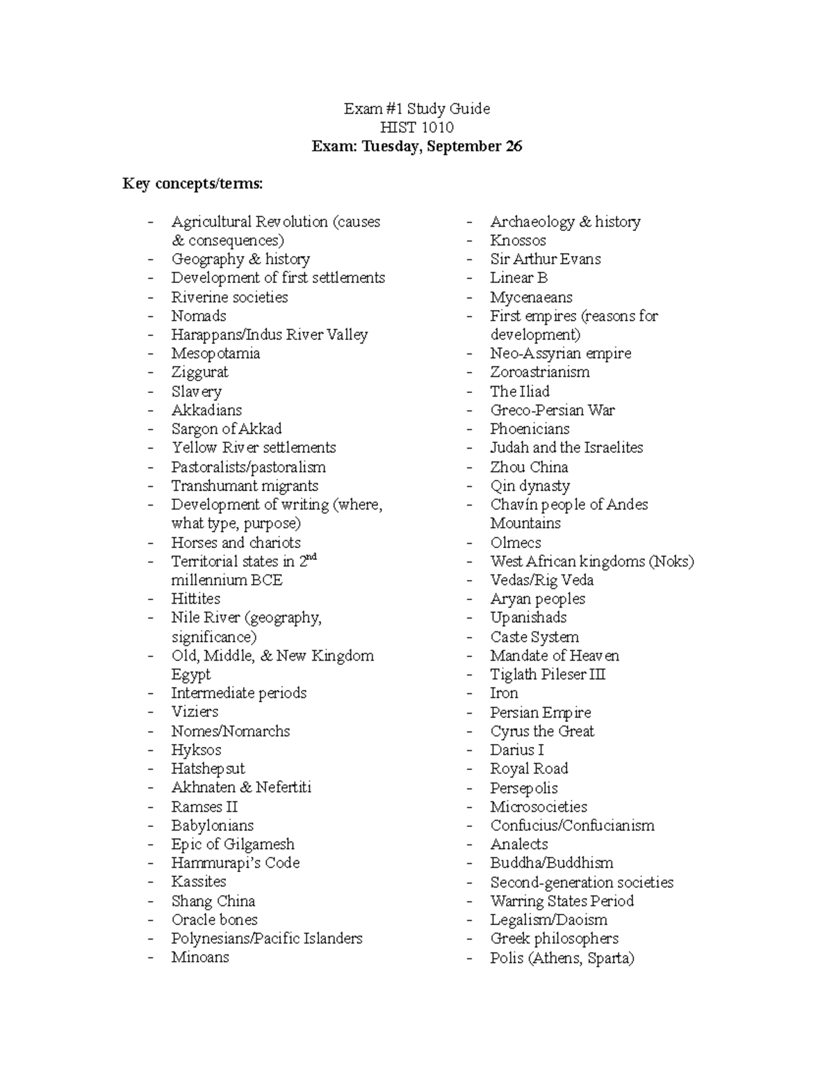 Exam 1 Study Guide - HIST 1010 Kennington Exam 1 Notes - Exam Study ...
