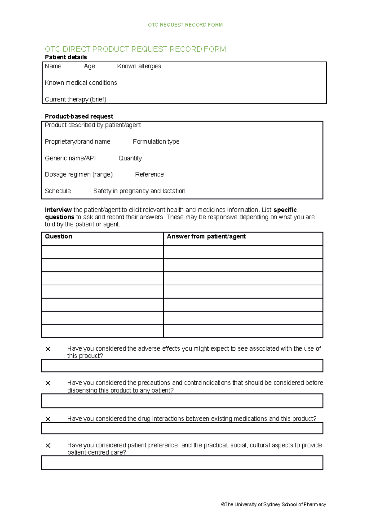 Blank OTC direct product request record form - OTC REQUEST RECORD FORM ...