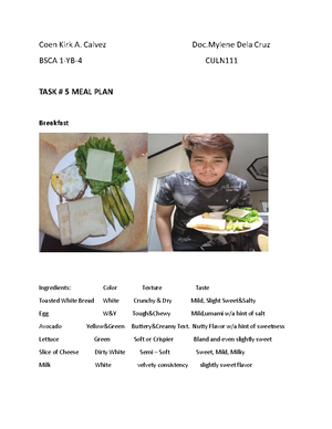 MEAL PLAN - MEAL PLAN IDEAS - Culinary Nutrition - BS IHM CA 1y2- MEAL ...